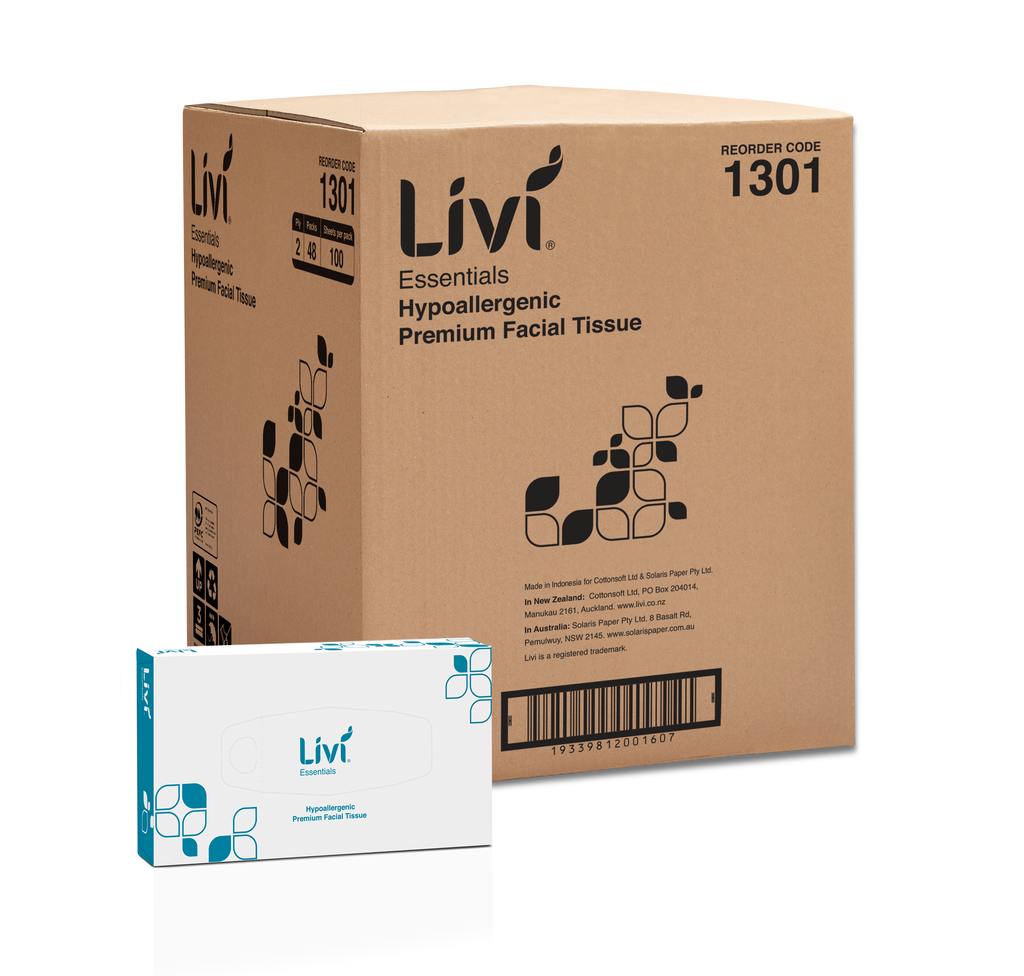 LIVI ESSENTIALS 2PLY HYPOALLERGENIC FACIAL TISSUES (CTN 48 - 100 SHEETS)